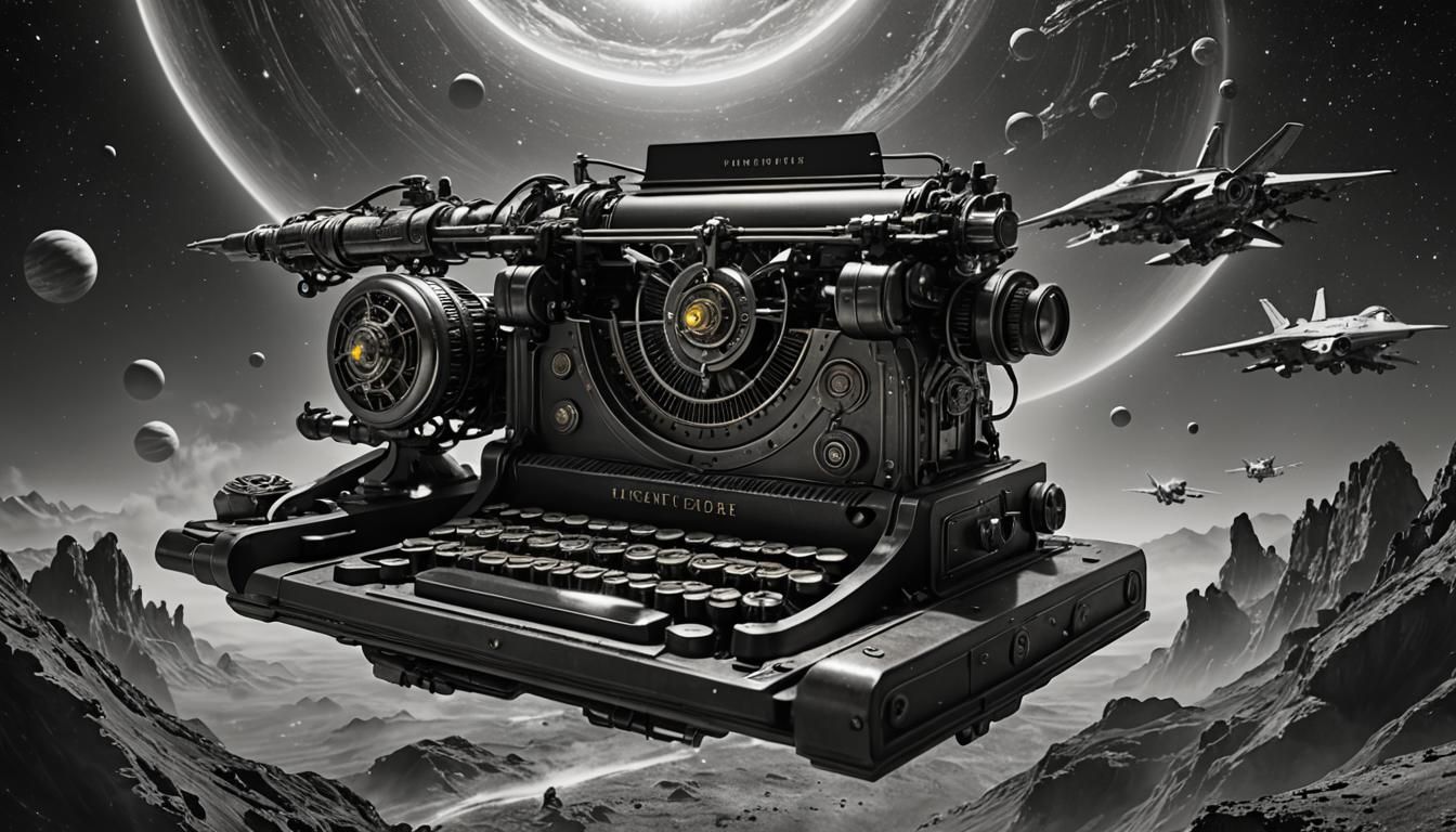an ancient typewriter riding on a jet machine flying between planets in ...