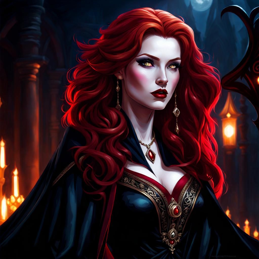 Hyperdetailed image of a Red haired sorceress, female magic user, evil ...