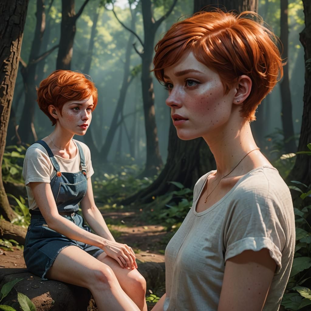 Barefoot redhead girl with a pixie cut is being hypnotized by her ...