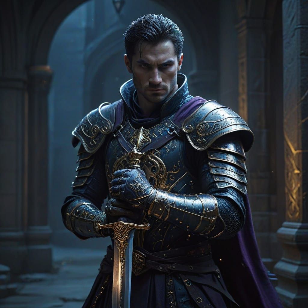 Epic Dark Fantasy Steel Sword with Golden Inlays a... - AI Art