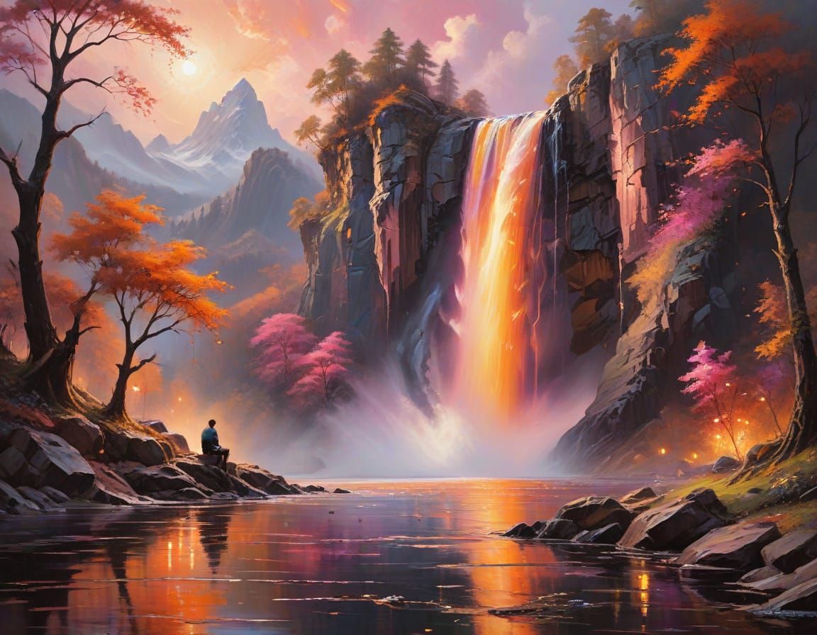 Waterfalls - Surreal Waterfalls Scene with Vibrant Village ...