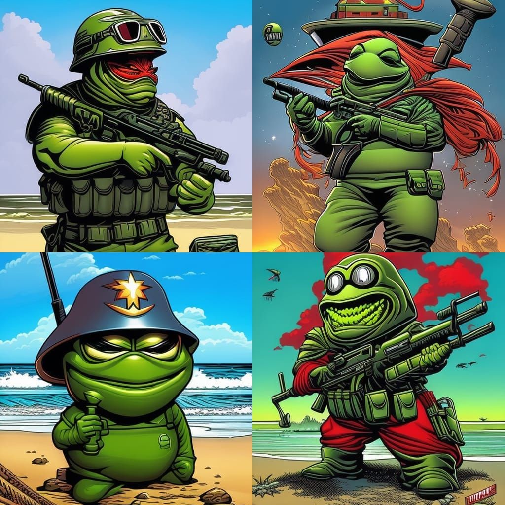 Pepe frog chubby smiling soldier on beach streets background - AI ...