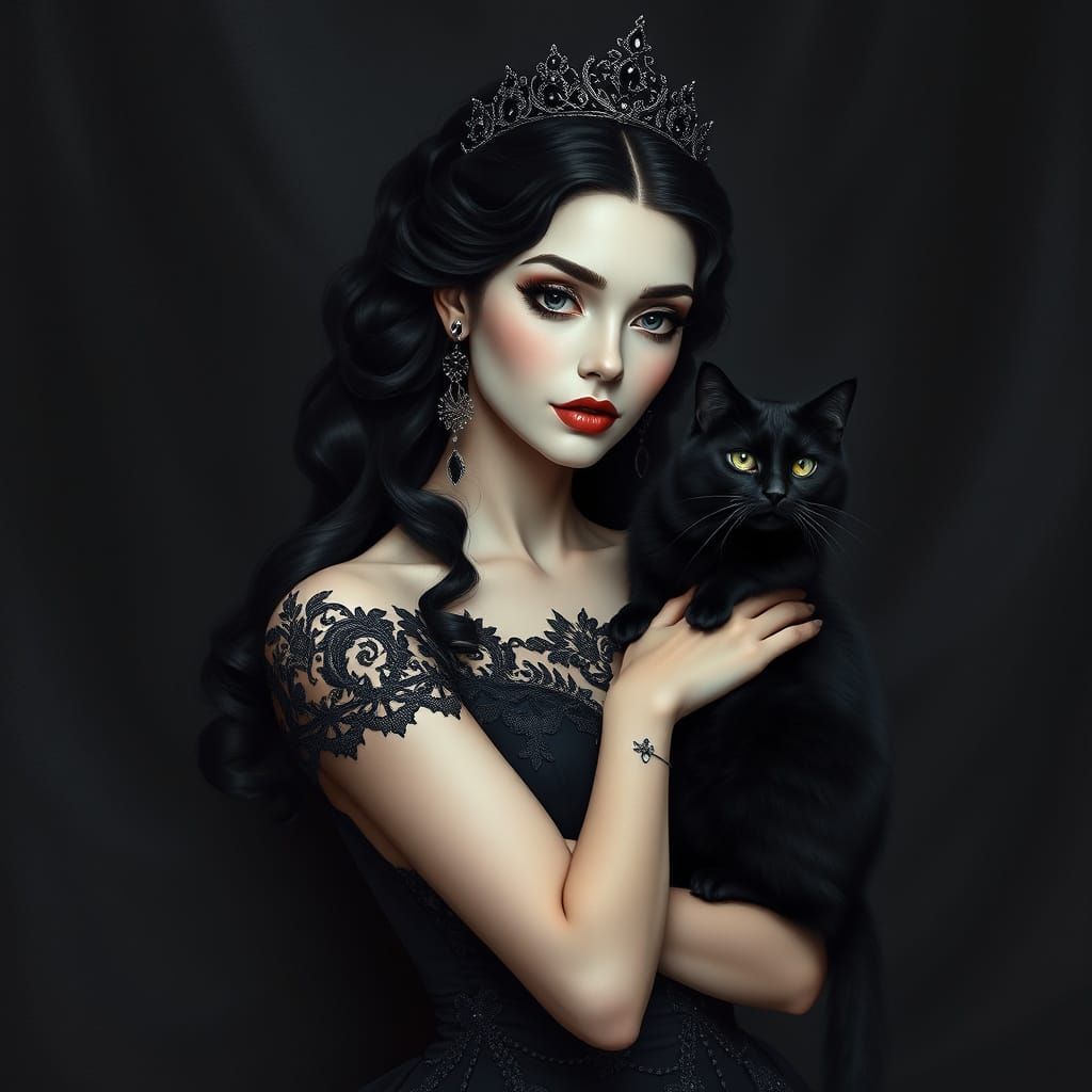 Elegant Black Cat Princess in Luxurious Gown - AI Art