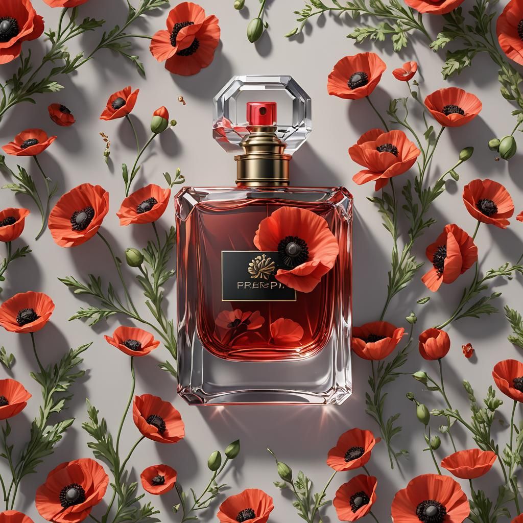 Red poppy and perfume bottle. artistic image that highlights the flower ...