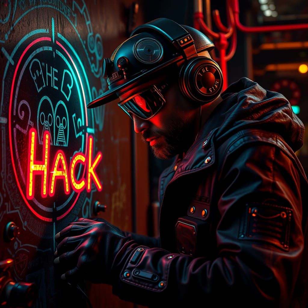 Steampunk Sound Engineer's Neon Logo in The Hack - AI Art