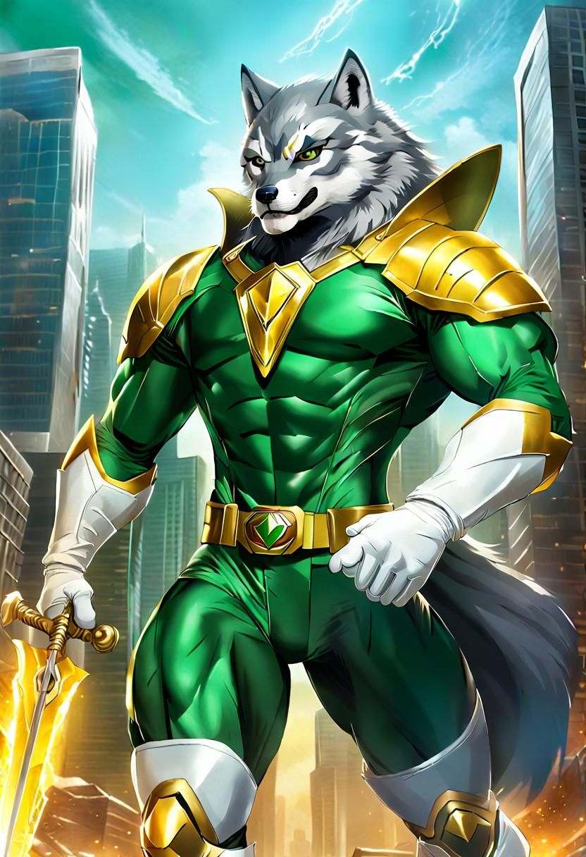 a (male anthro grey wolf: 1.95) wearing a (green Power Ranger bodysuit ...