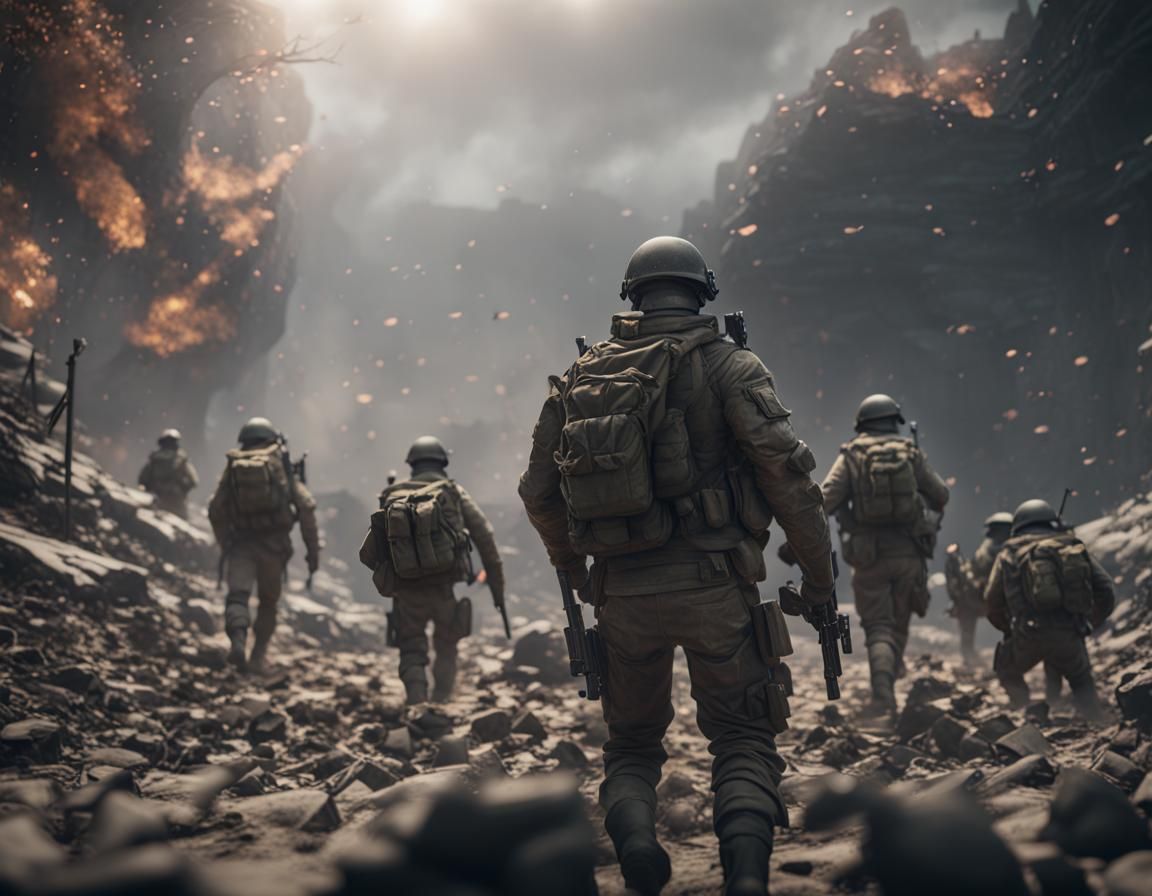 Invisible army off to war, intricate details, ground level shot, 8K ...