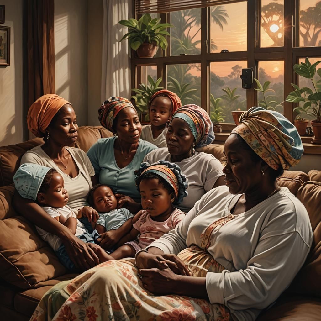 A mother relaxing with her husband cuddling on the couch with four ...