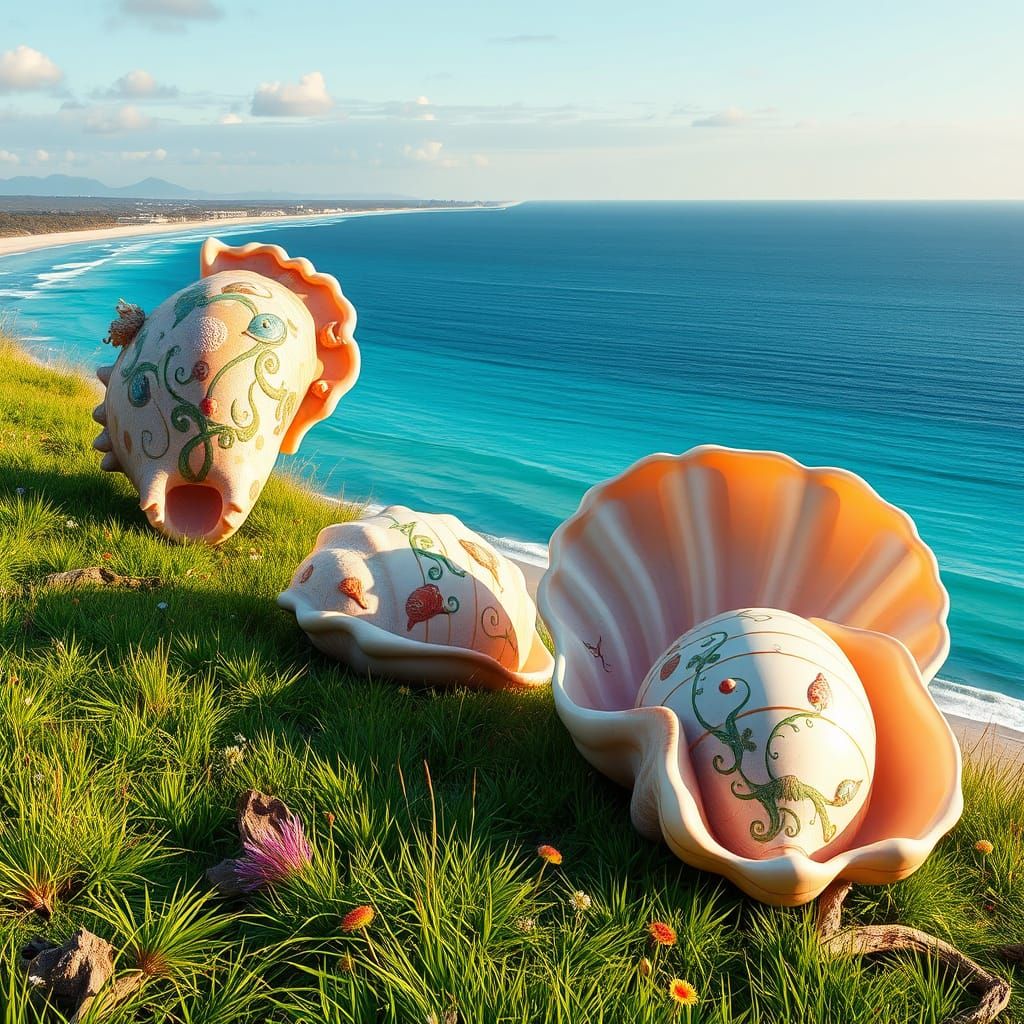 Vibrant Seashell Sculptures on Emerald Hillside in... - AI Art