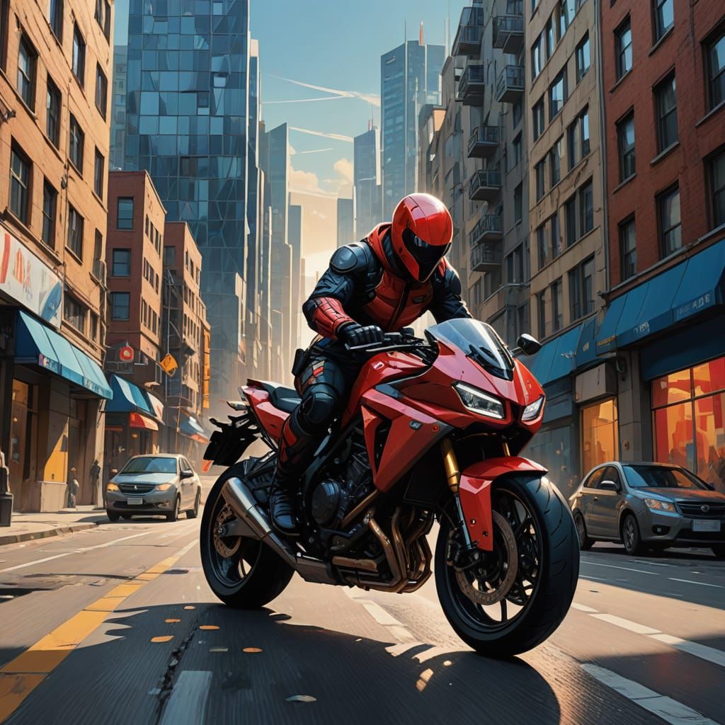 Red Hood on a motorcycle - Dynamic Cityscape in Vibrant Cubi...