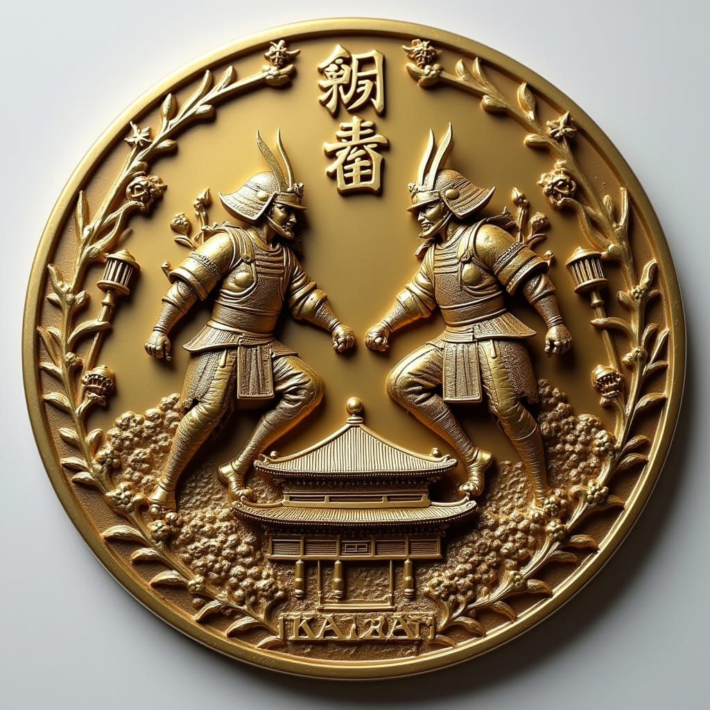 Golden Karatê Medal with Karate Figures and Japane... - AI Art