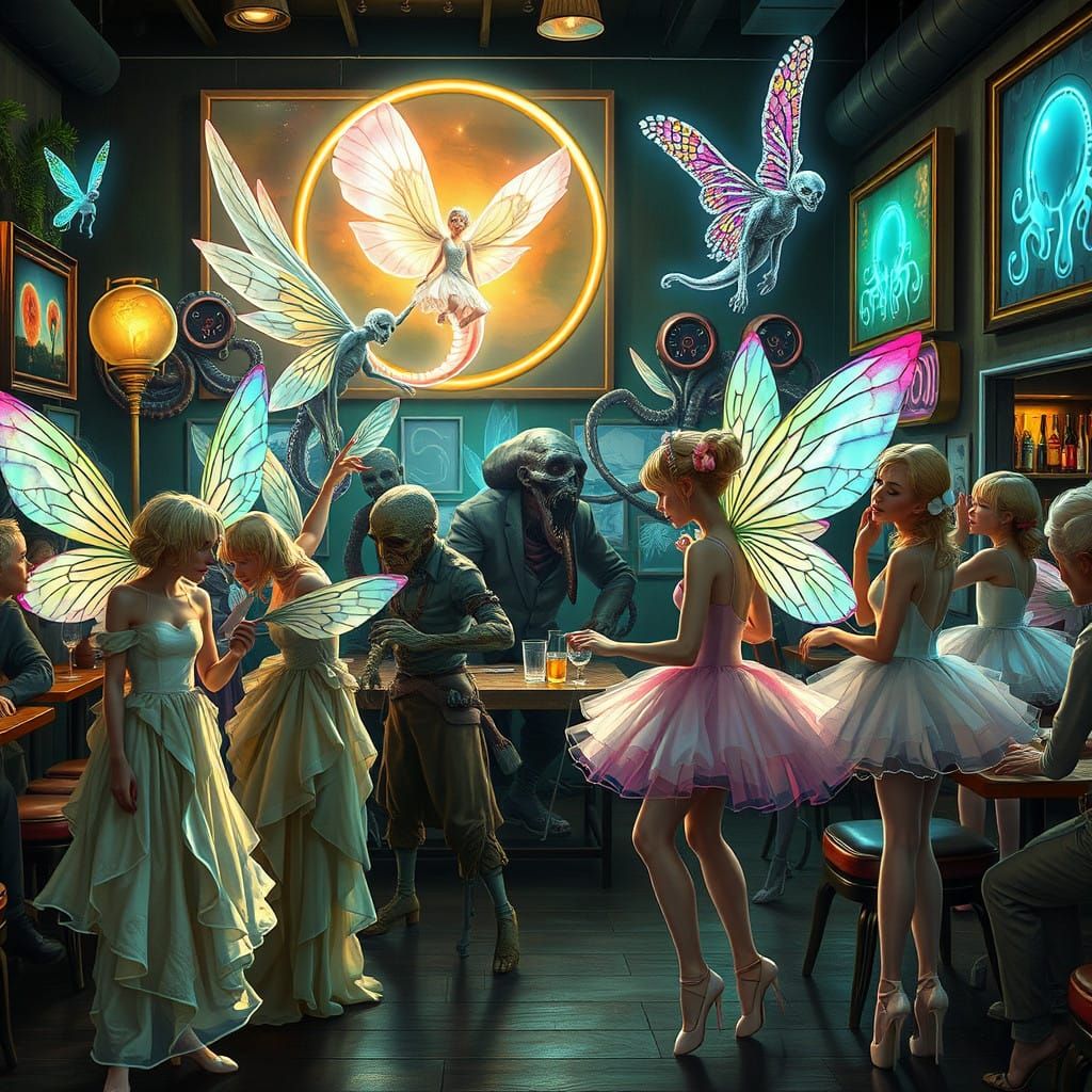 Delicate winged fairies mingle with lumbering zombies in the night cafe