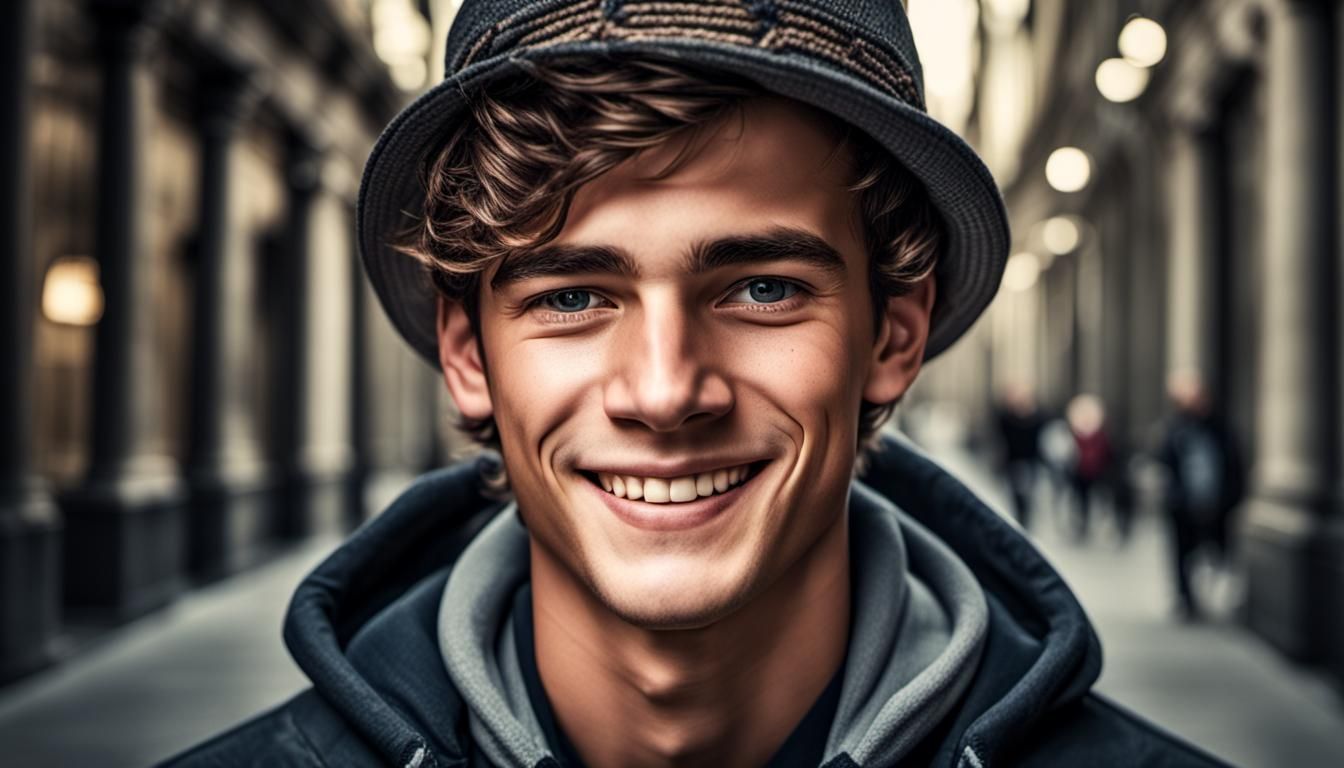 Portrait of a youthful male model smiling. intricate details, HDR ...