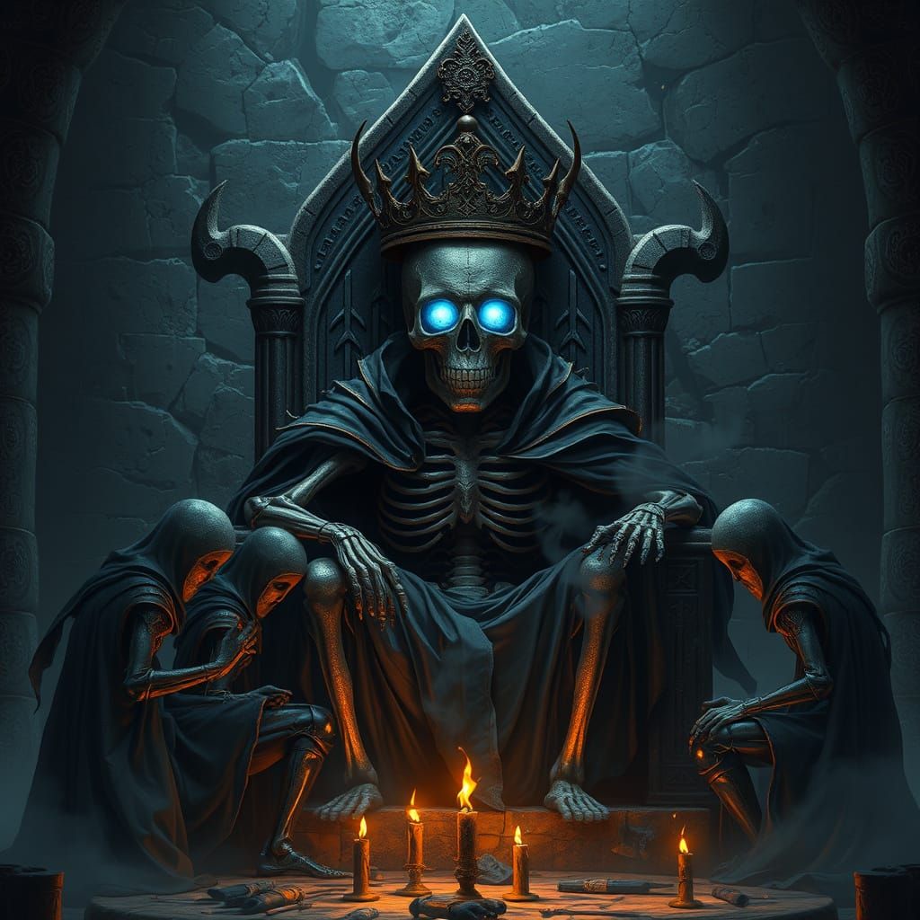 The Cursed Throne - Haunted Monarch Seated on Ancient Throne...