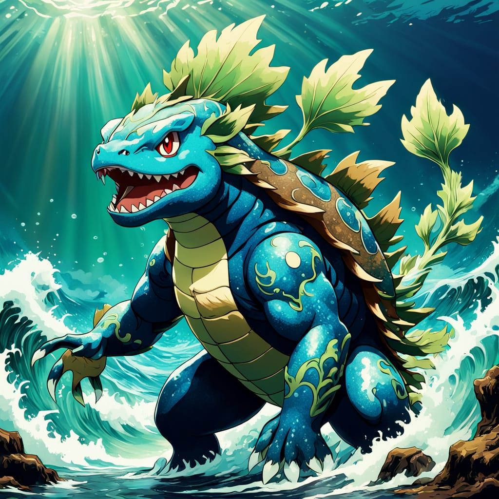 Regal Water Fakemon with Seaweed-Covered Head - AI Art