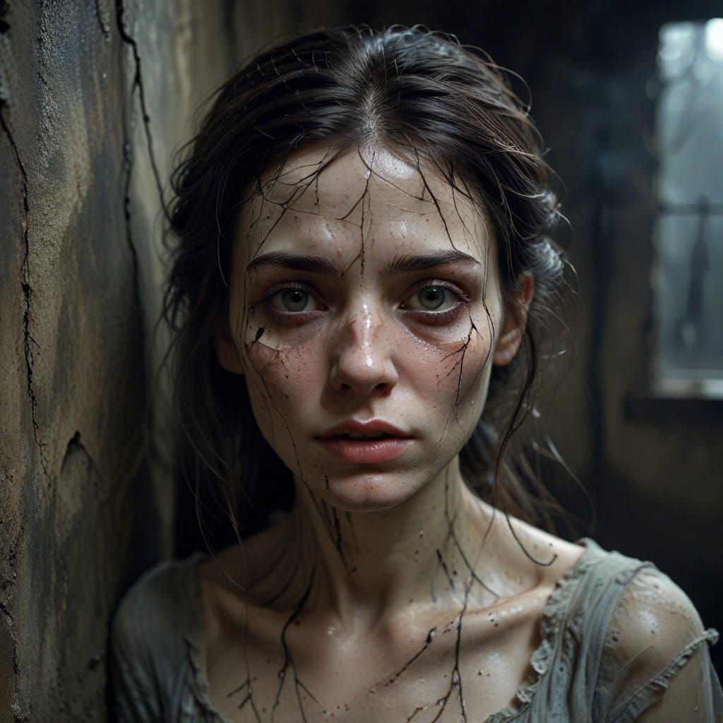 Hyper-realistic close-up of a haunted young lady with ashen, weathered ...