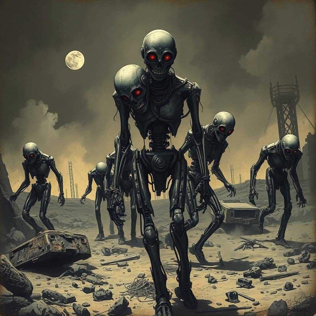 Famished scavenging androids, their metallic bodies twisted in ...