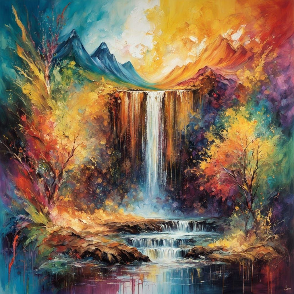 dripping landscape - Vibrant Expressionist Waterfall in Rain...