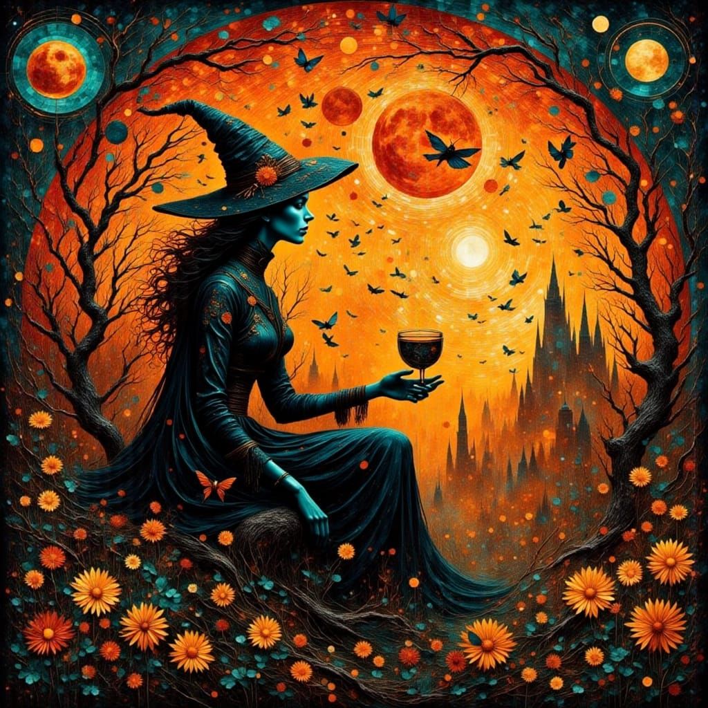 Surreal Witch Rises Amidst Radiant Sunrise - AI Art