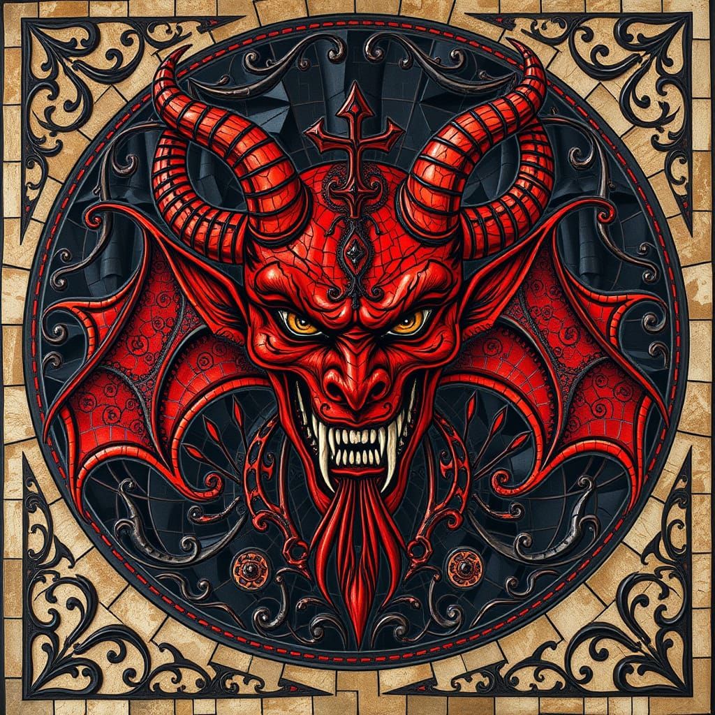 Demon shrine - Byzantine Devil Mosaic in Red and Black