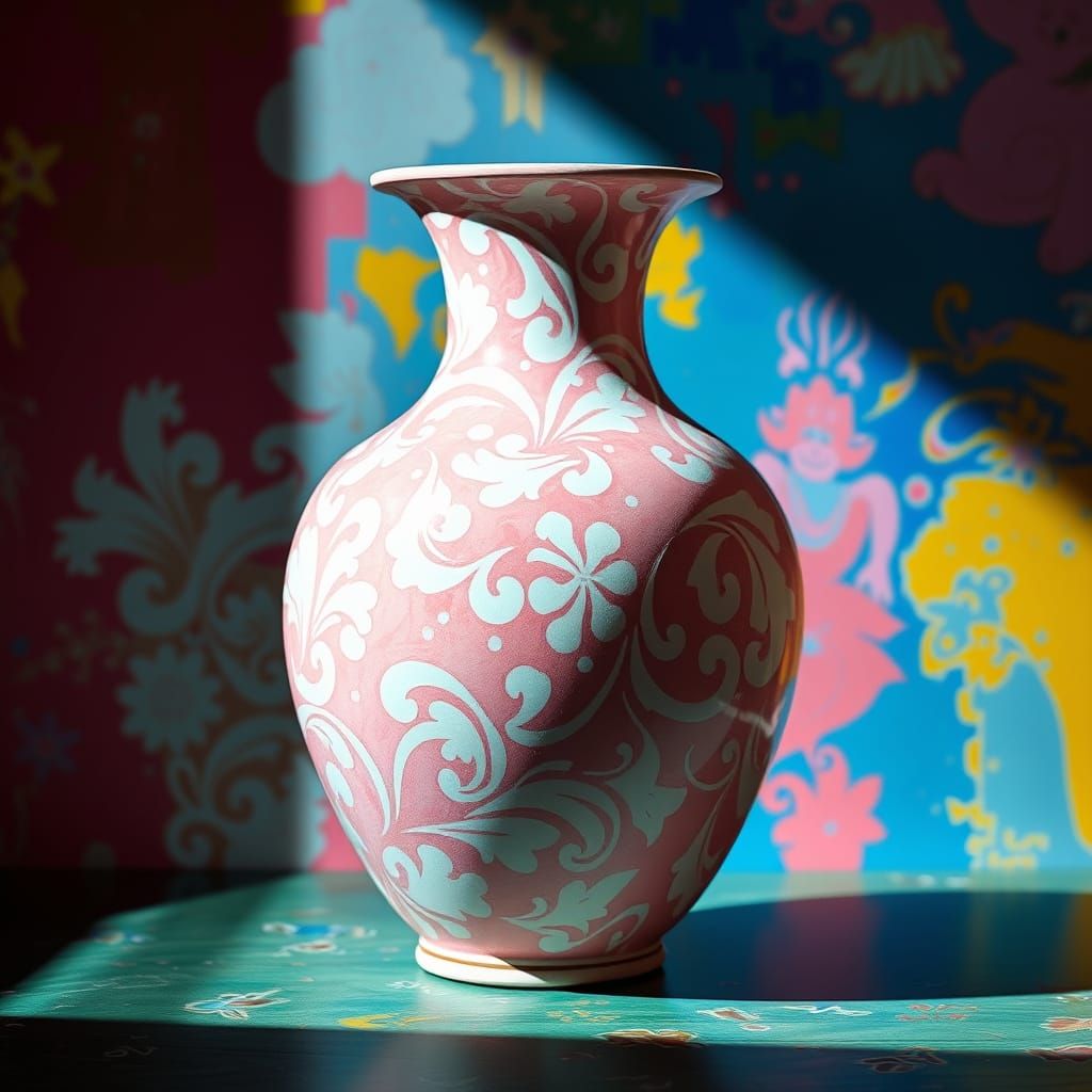 Delicate Vase in Pink and White Vichy Pattern - AI Art