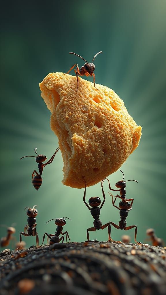 Intricately Detailed Ants Lift Gigantic Crumb in S... - AI Art