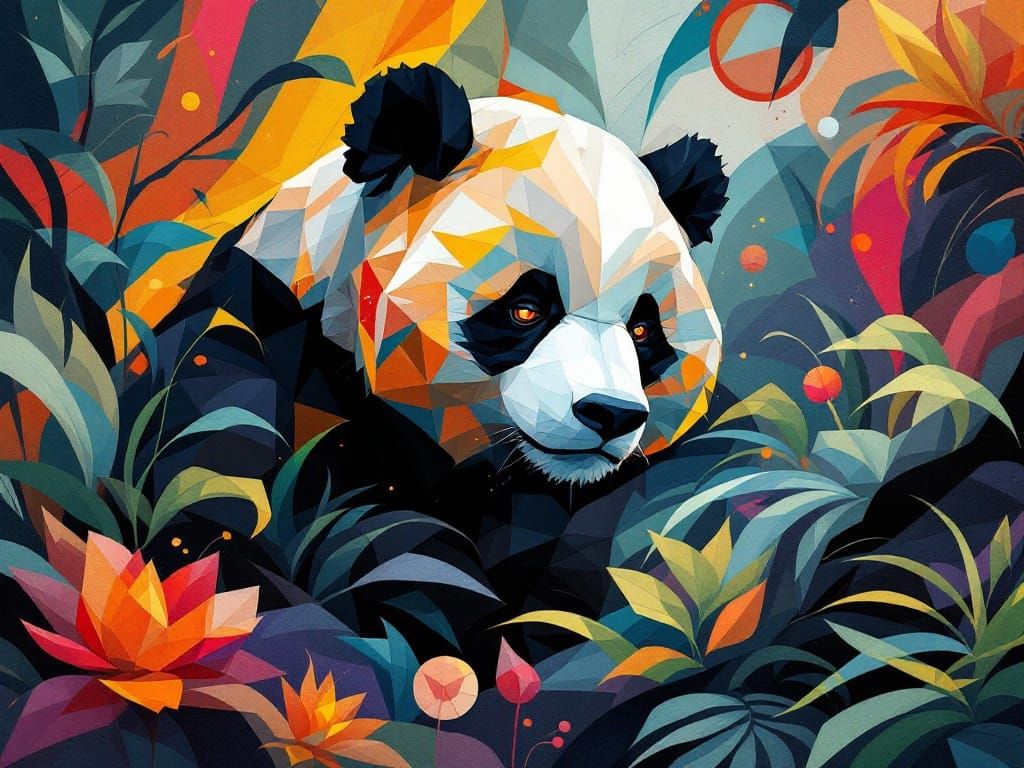Mysterious Panda too - Surreal Cubist Panda in Vibrant Art...