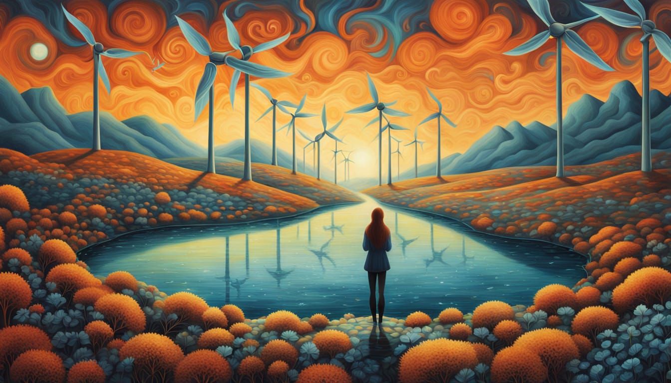 Ethereal Wind Turbine Landscape in Dreamlike Surre... - AI Art