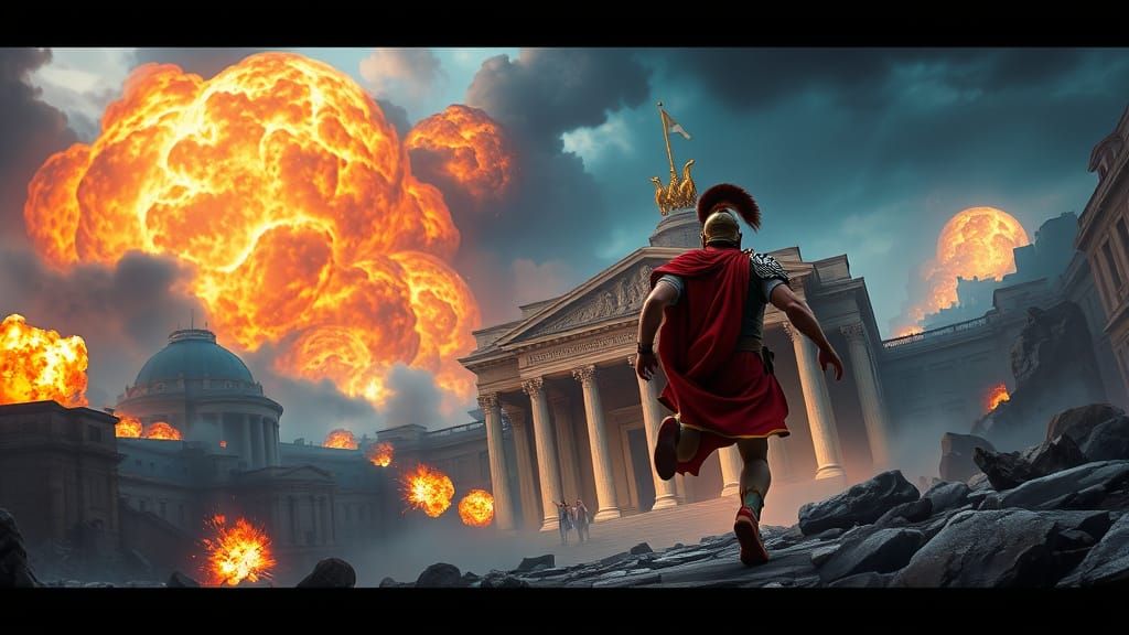 Roman Warrior Charges Through Ancient Rome in Flam... - AI Art