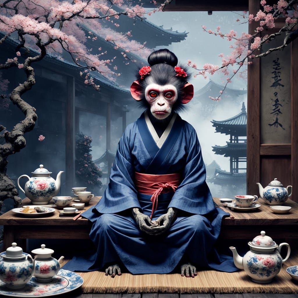 Surreal Geisha Zombie Attends a Whimsical 19th Cen... - AI Art