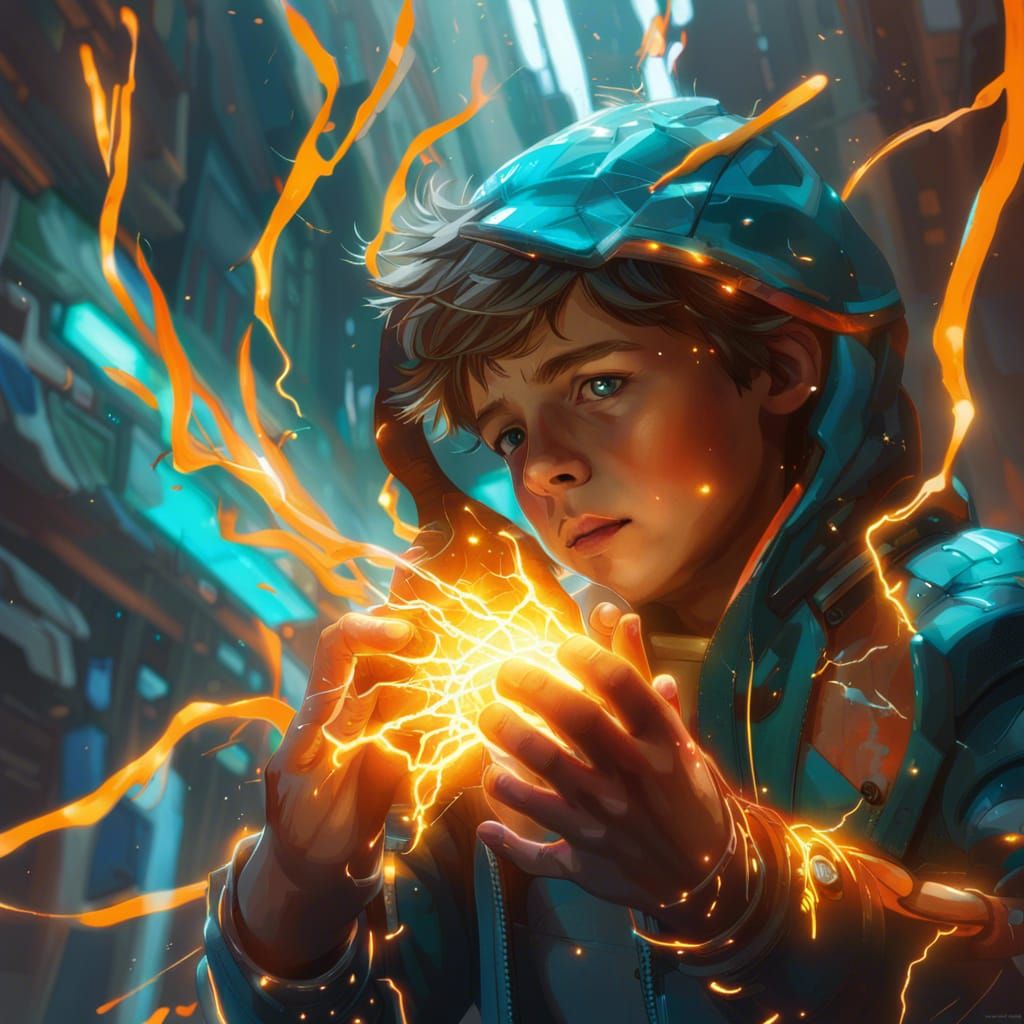 A boy with electricity running through his hands, epic, buzz, paint ...