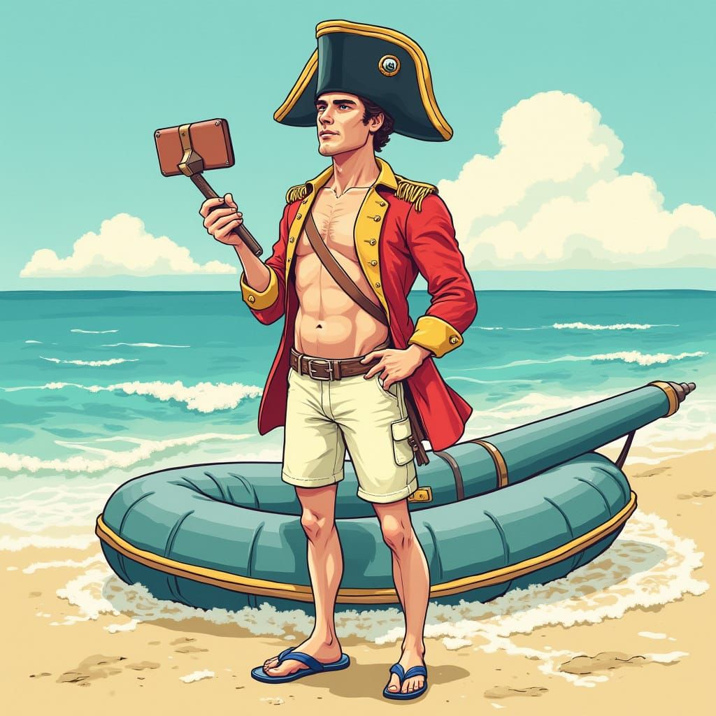 Napoleon on Inflatable Cannon Raft, Cartoon Style - AI Art