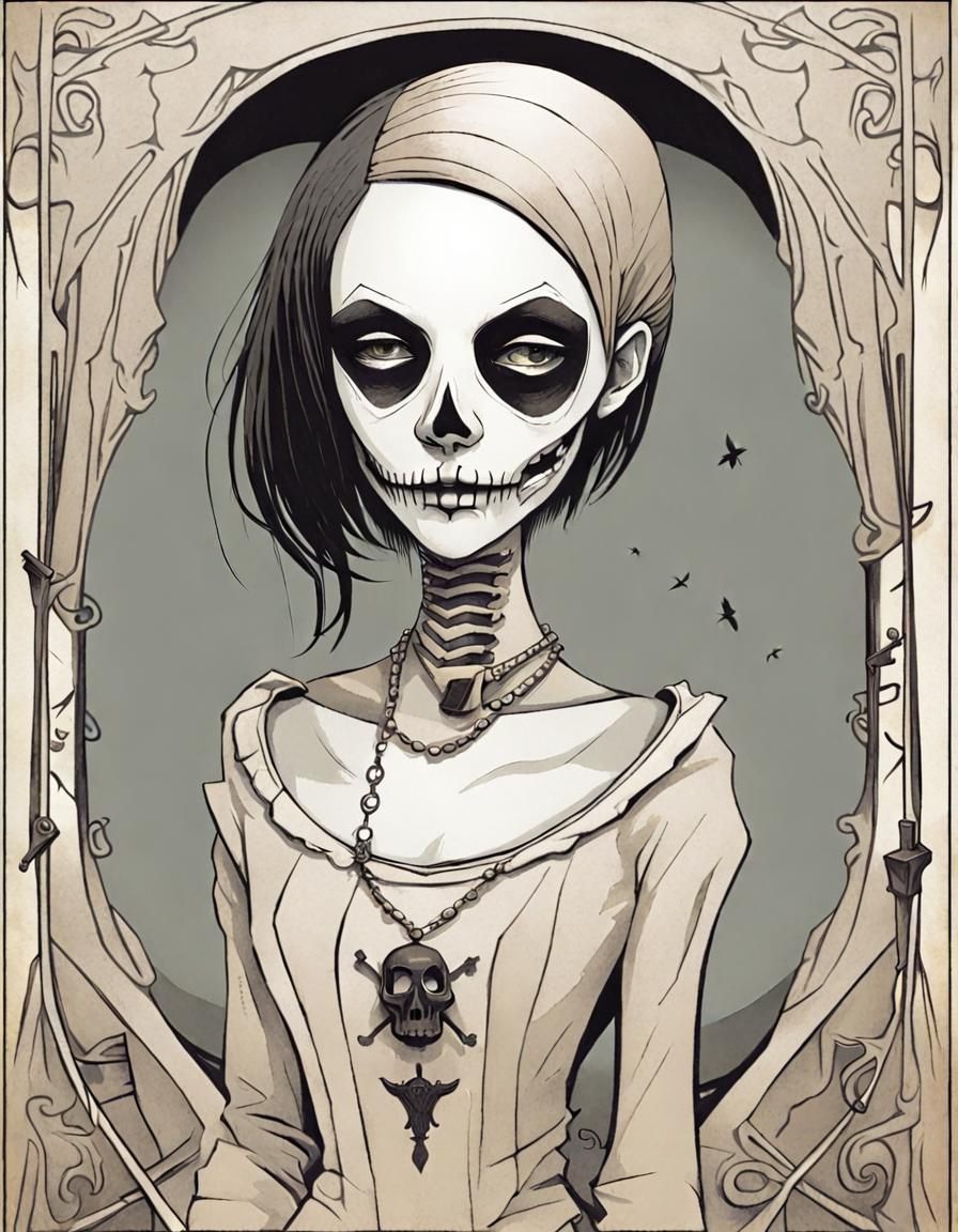 Girl with Death Mask (She Plays Alone) in the style of Gris Grimly - AI ...