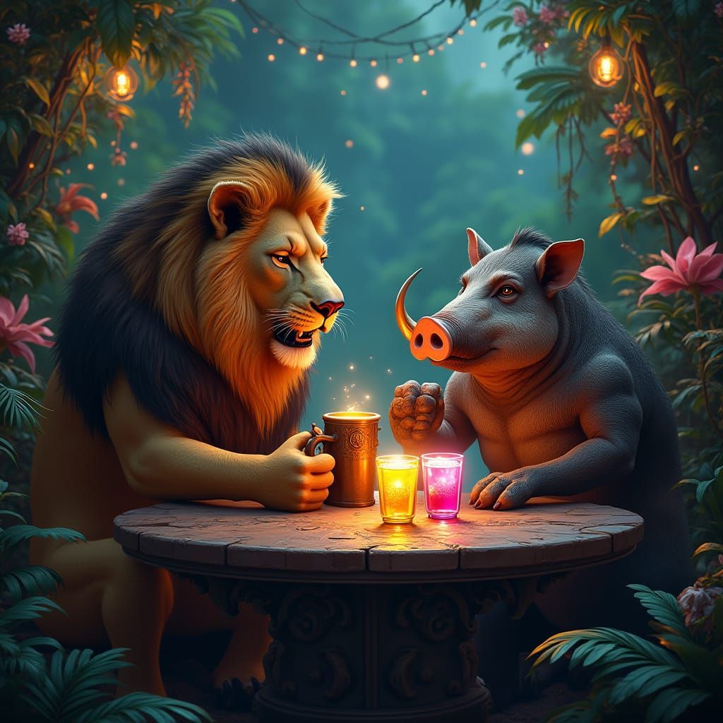 Friends forever - Majestic Lion and Hog Share Ancient Jungle...