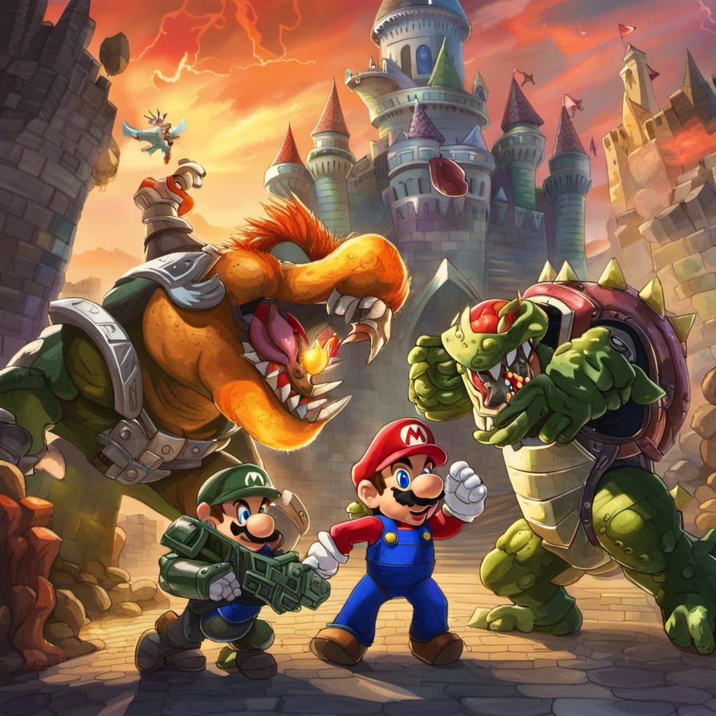 Mario in the master chief armor fighting a demonic bowser outside of a ...
