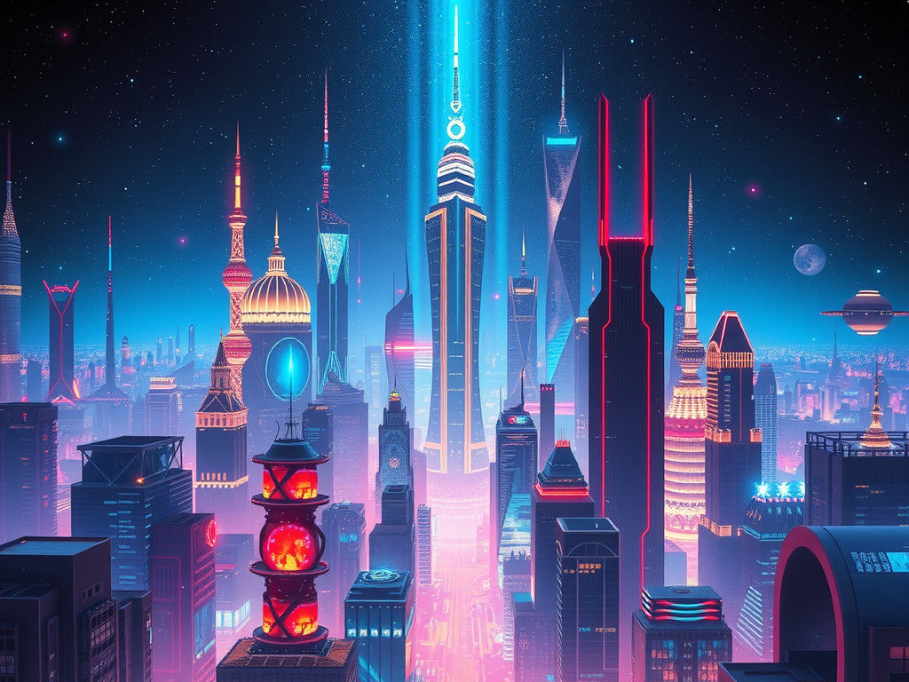 "A glowing city skyline composed entirely of vibrant beams of light ...