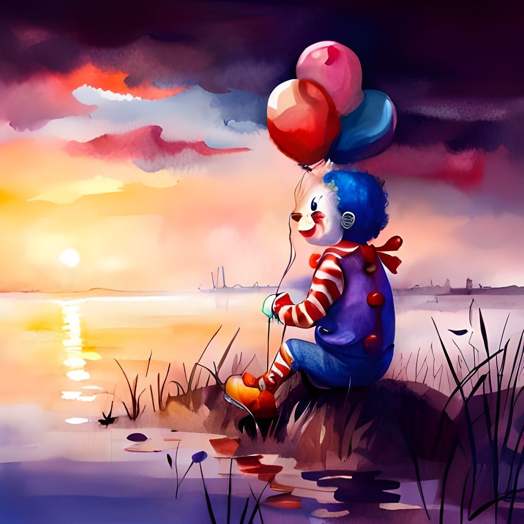 close-up watercolor painting of cute Sad clown sitting alone with ...