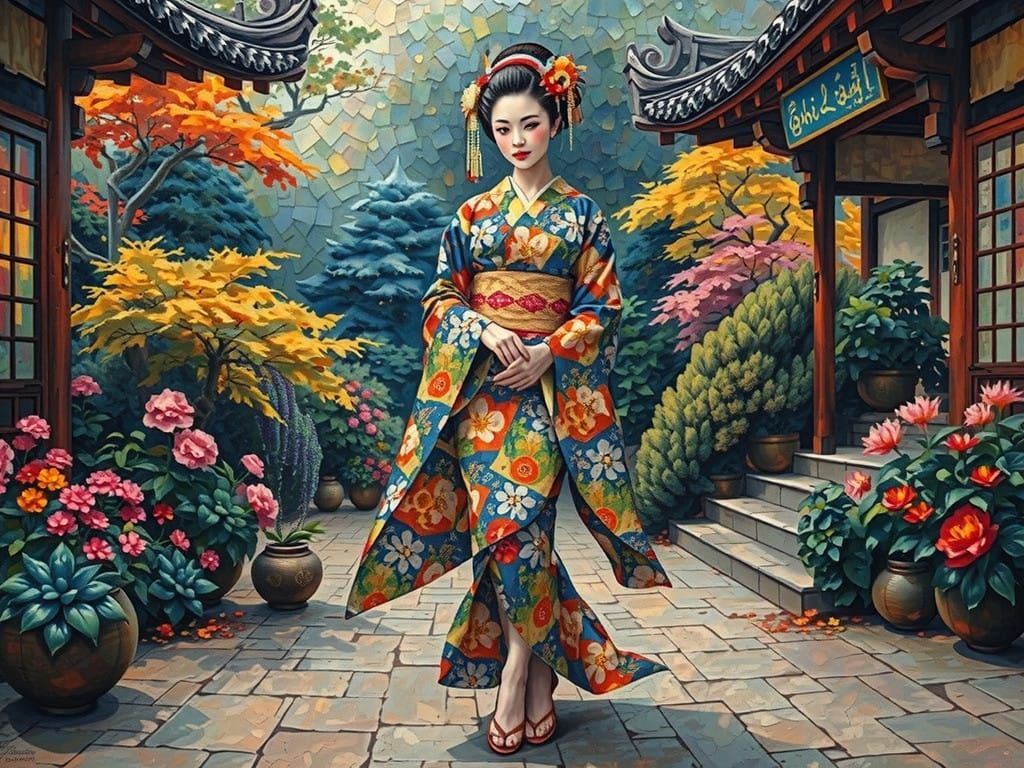 Radiant Geisha in Vibrant Traditional Japanese Gar... - AI Art
