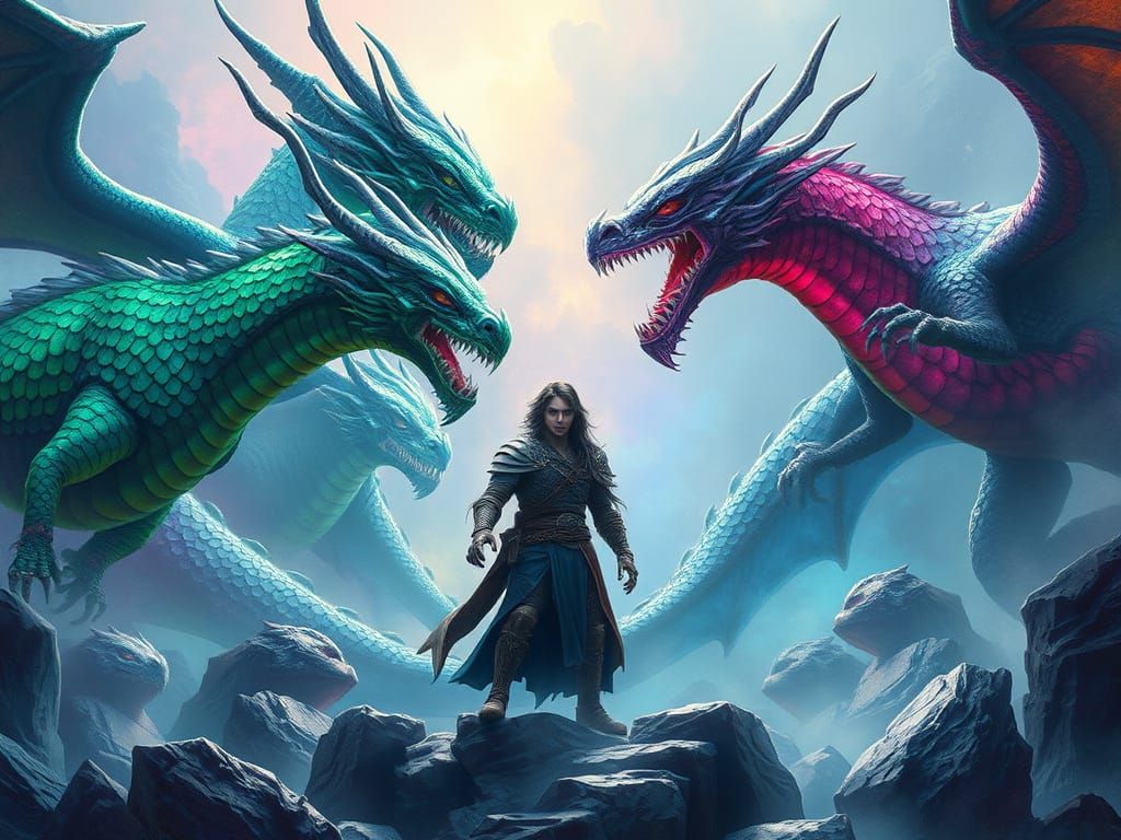 Heroic DnD Character Surrounded by Emerald Dragons... - AI Art