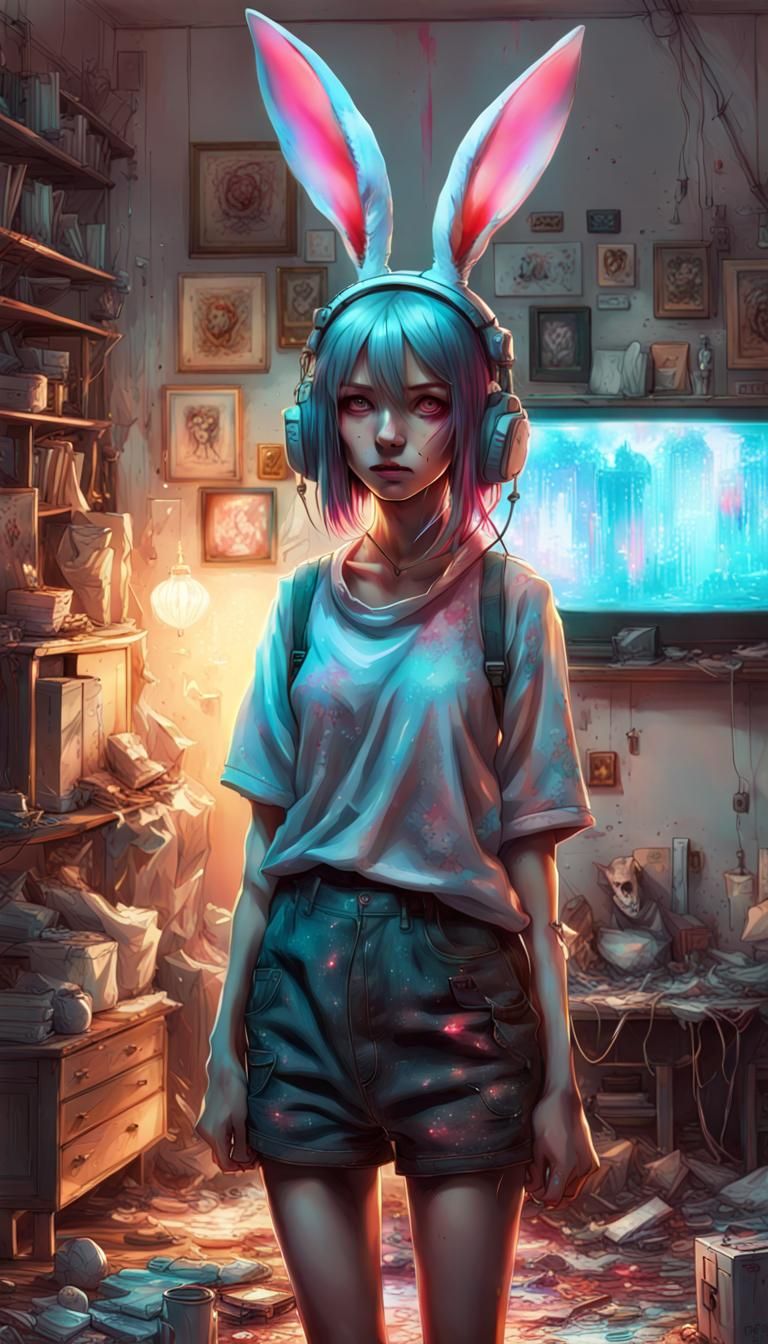 Cyber_rabbit_girl_standing_in_messy_living room_looking_unhappy by ...