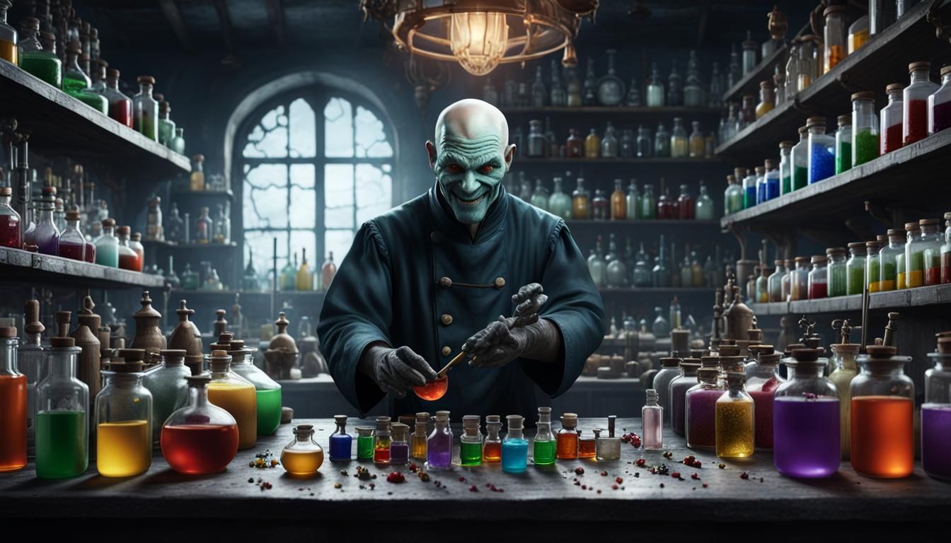 an alchemy testing laboratory with a man with an evil smile testing ...