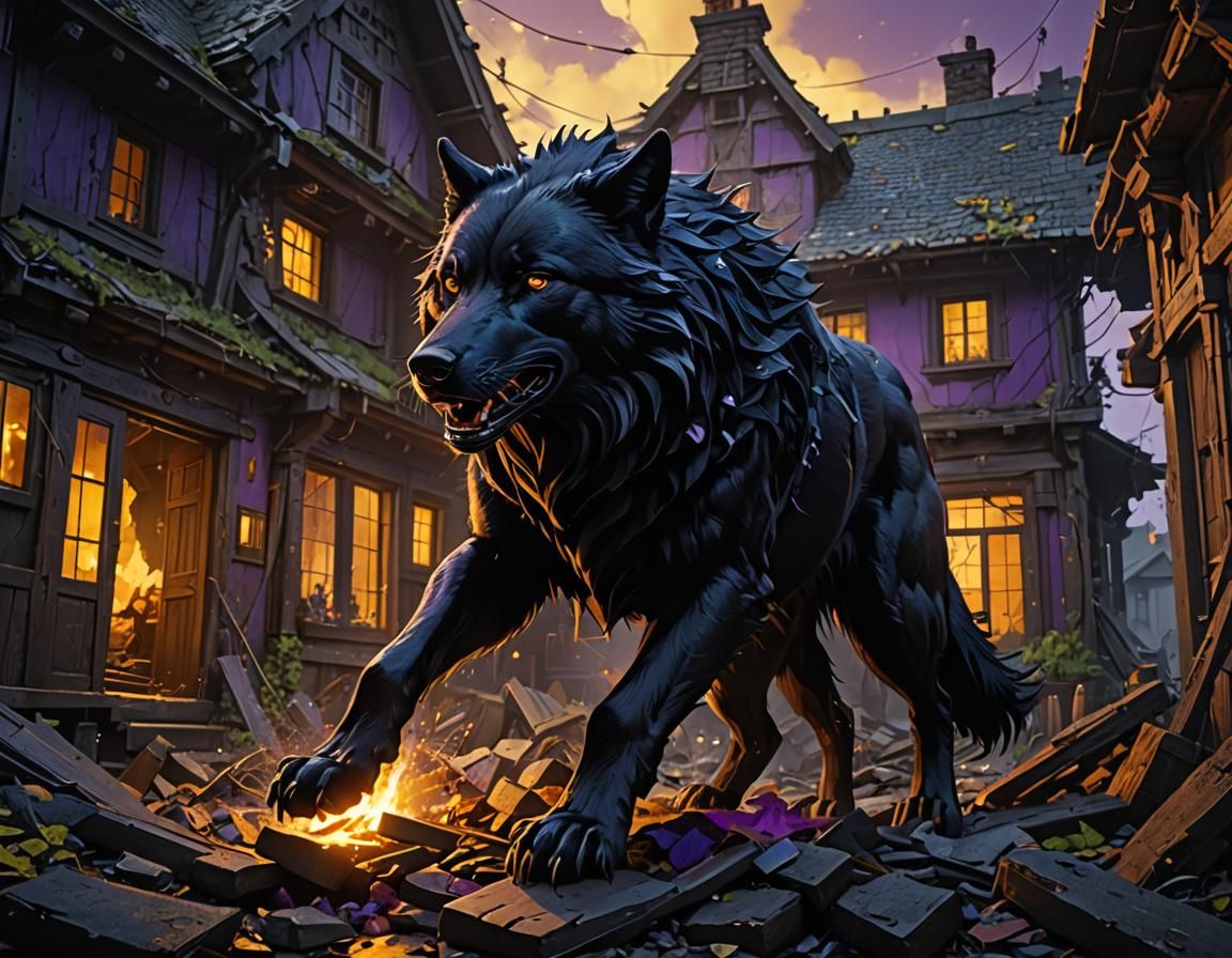 Bad wolf demolishes house - AI Generated Artwork - NightCafe Creator