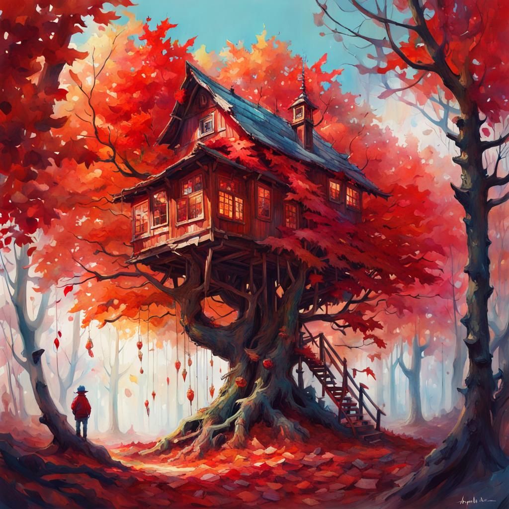Red treehouse - AI Generated Artwork - NightCafe Creator