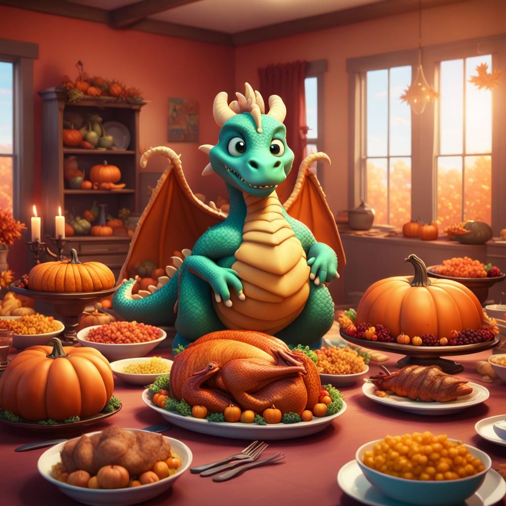 Dragon family Thanksgiving with a big turkey - AI Generated Artwork ...