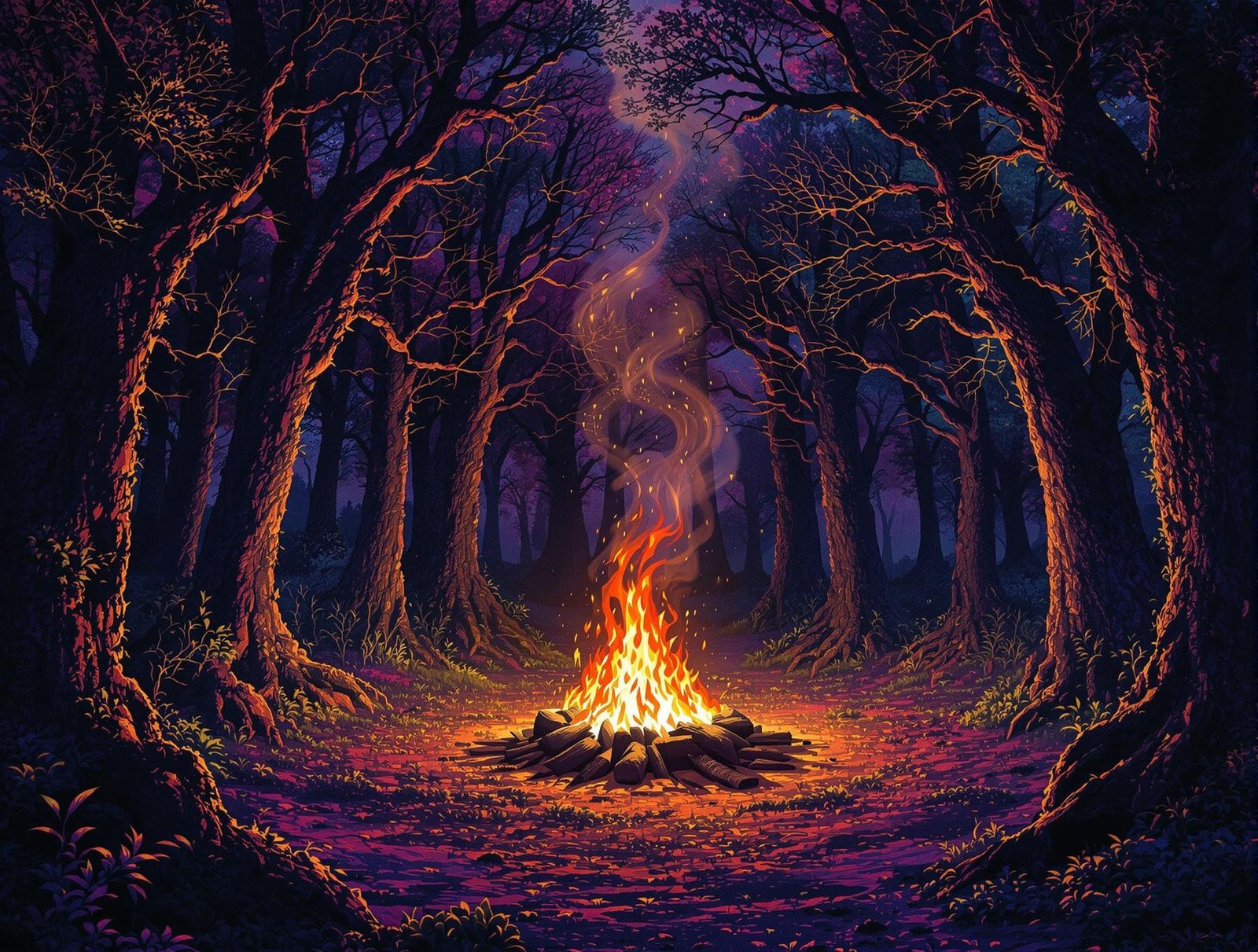 Cult of the deep forest around a bonfire at night