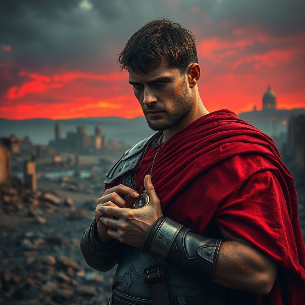 A Roman Soldier's Desolate Grief in a War-Torn Lan... - AI Art