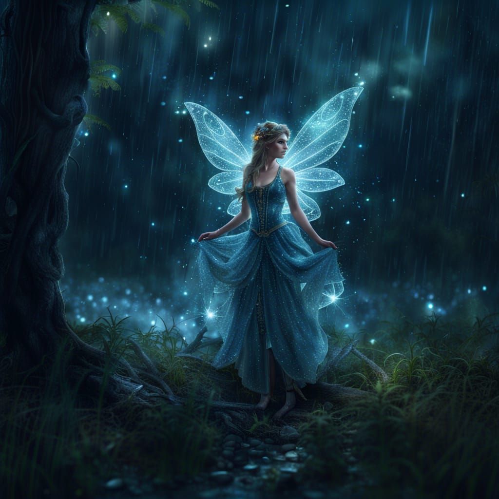 Beautiful sparkling fairy in the forrest, rain, lightning scape ...