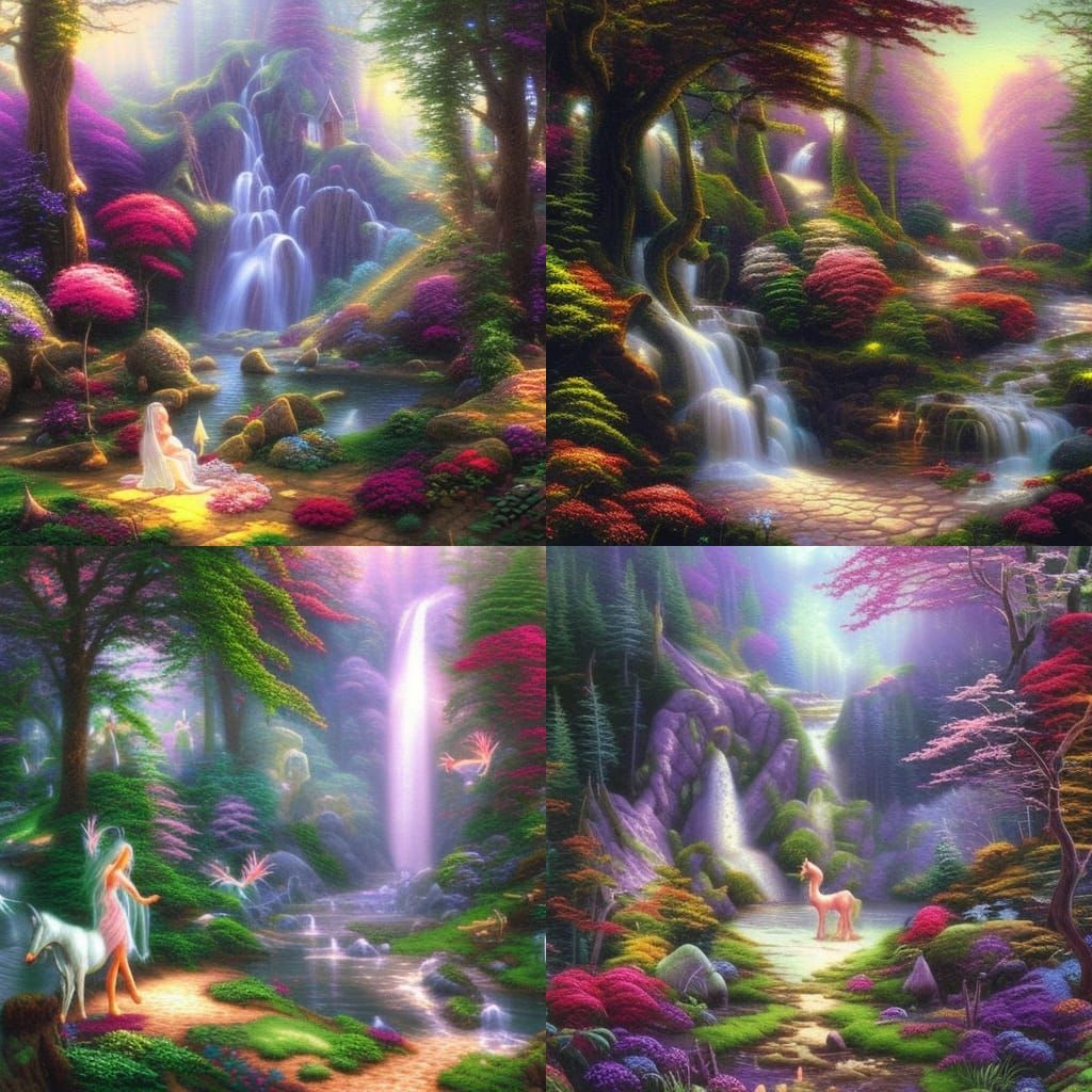 Waterfalls with unicorns, fairies, elven, and pixies, meeting in the enchanted forest in a ...