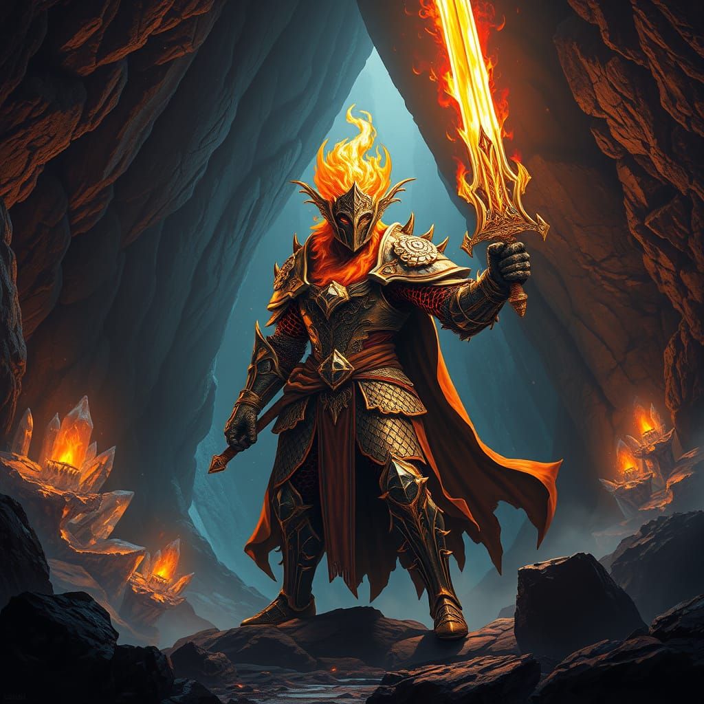 Majestic Fire Knight in Scaled Armor Stands Heroic... - AI Art