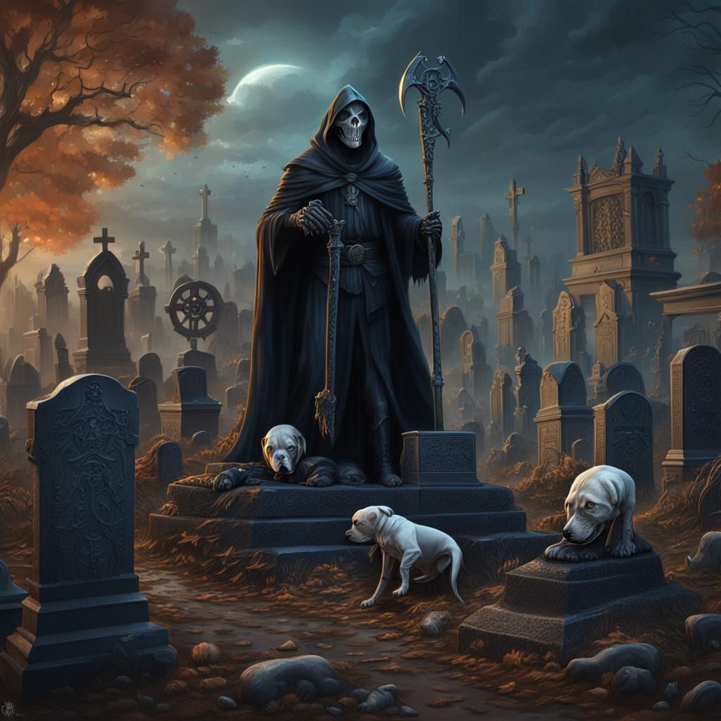 Skulls, grim reaper, pitbulls, graveyard, tombstones - AI Generated ...
